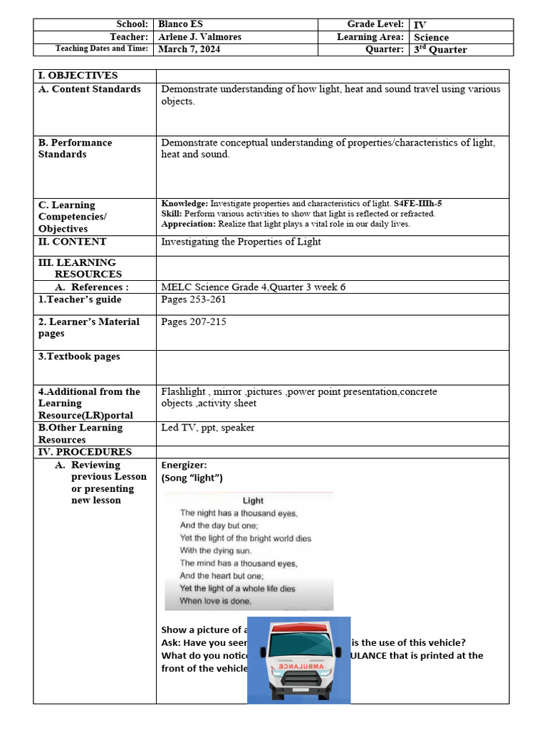 Grade 4 Science: Properties of Light Lesson | PDF | Learning ...