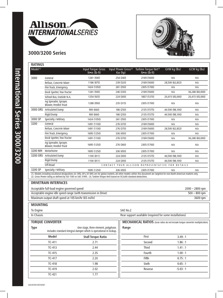 Allison Transmission 3000 Series Spec Sheet Min Min | PDF | Vehicles ...