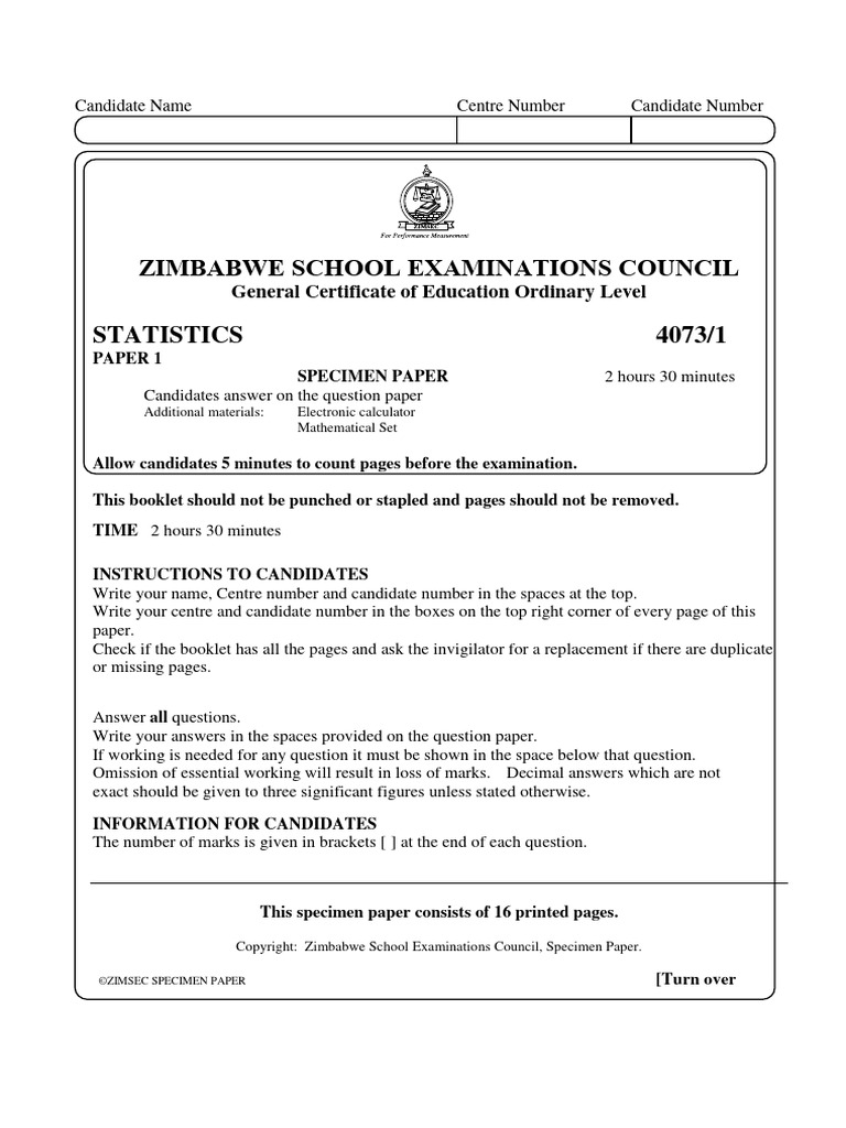 4073Q1 Specimen Statistics | PDF | Sampling (Statistics) | Applied ...