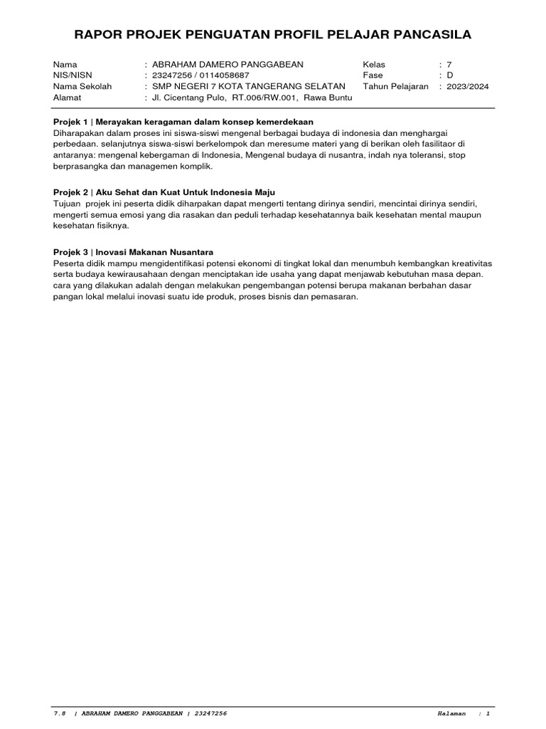 Rapor P5 KLS 78 | PDF | Karier & Perkembangan | Kesehatan Holistik