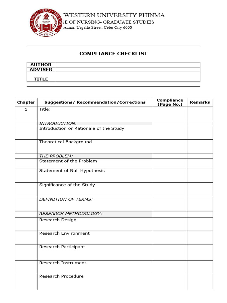 Capstone - Compliance Checklist or Records of The Proceedings SWU PHINMA Format | PDF | Thesis ...