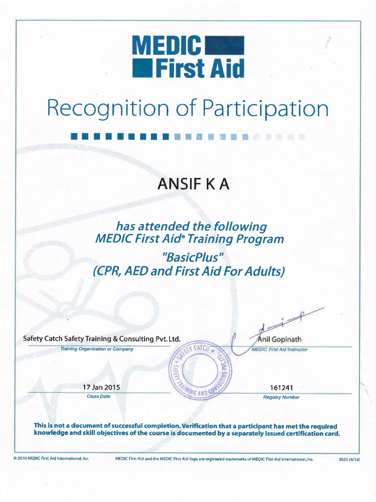 Medic First Aid Certificate | PDF