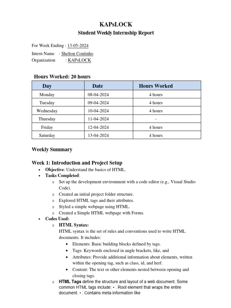 Week_1_Internship_Report_Shelton | PDF | Html | Html Element