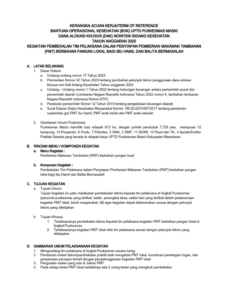 Tor PMT Lokal Pembekalan Puskesmas Masni | PDF