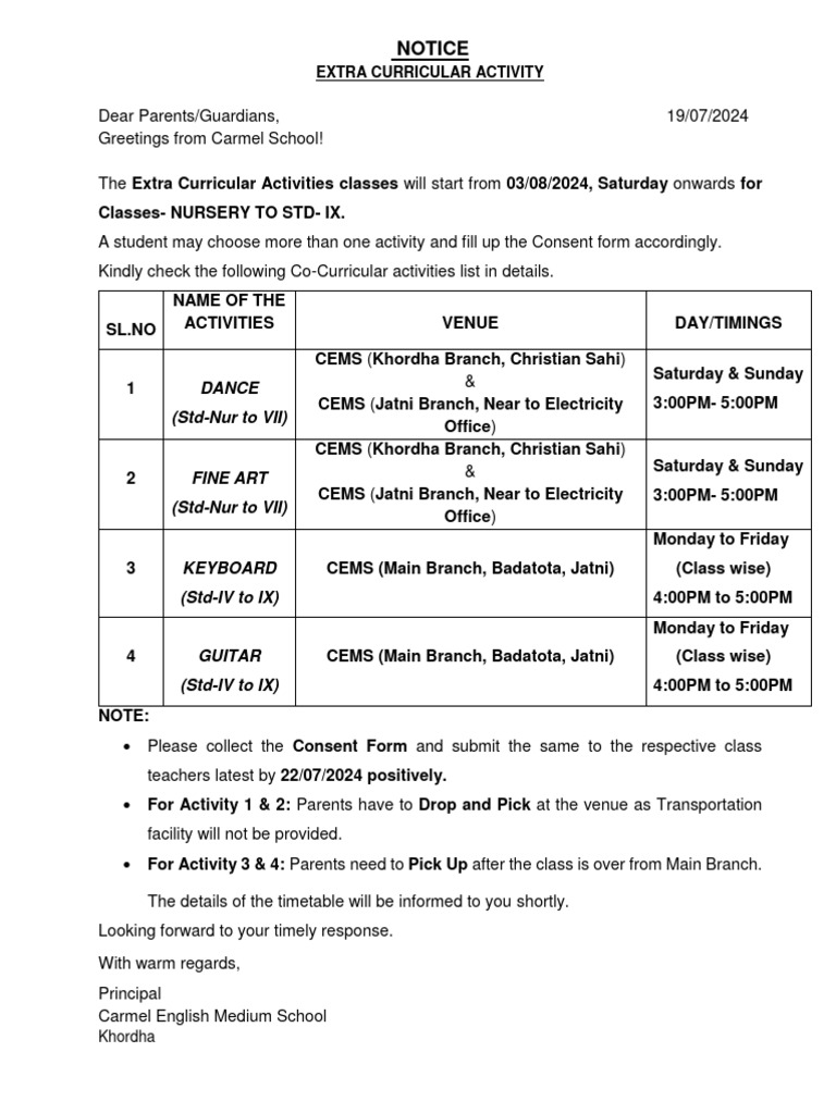 Extra Curricular Activities Notice, 19-07-2024 | PDF