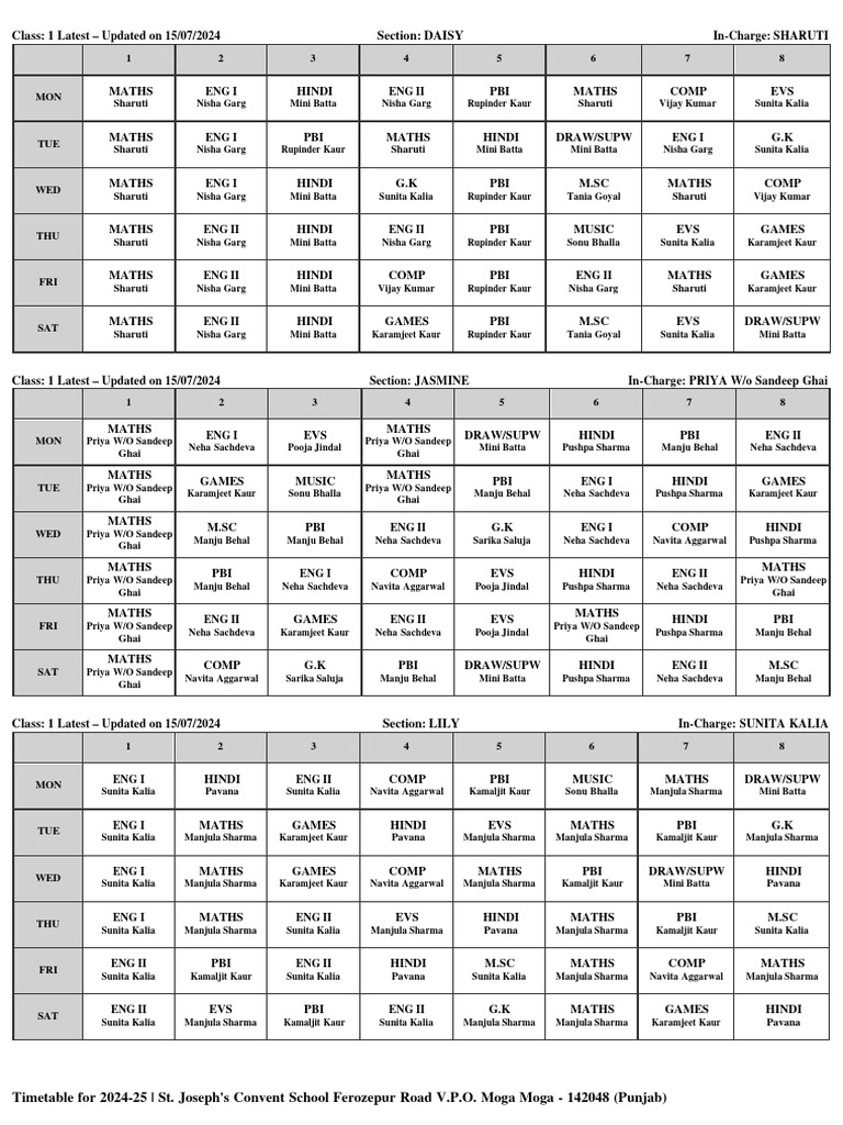 Class 1-3 Timetable 2024-25 St. Joseph's | PDF