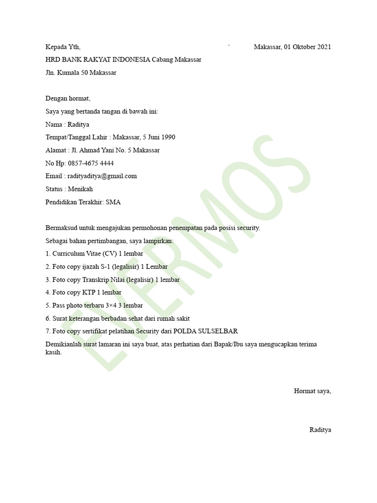 Contoh Surat Lamaran Kerja Security | PDF