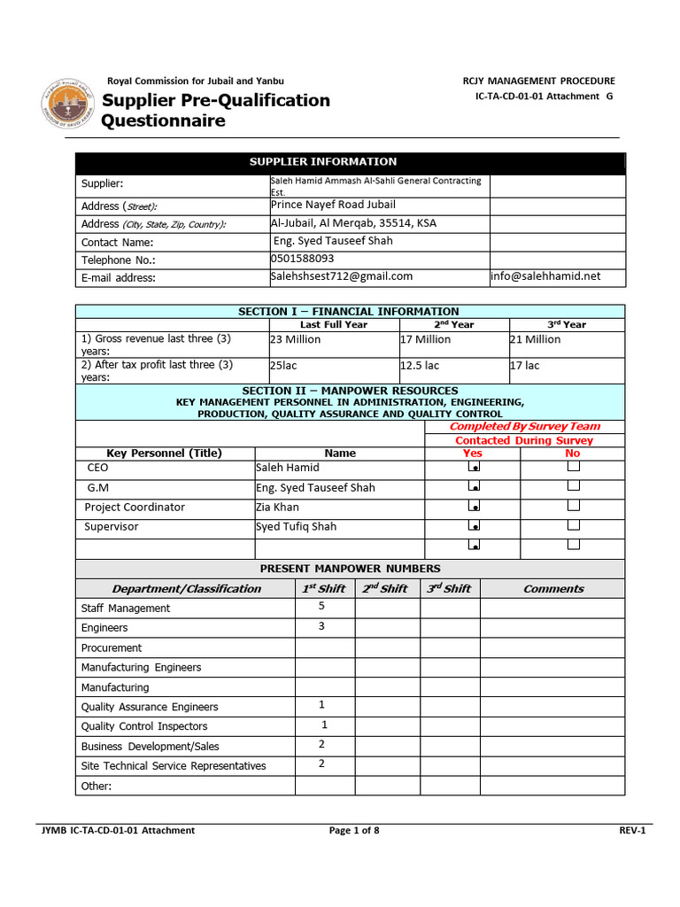Supplier Prequalification Questionnaire (Attachment G) | PDF | Welding | Construction