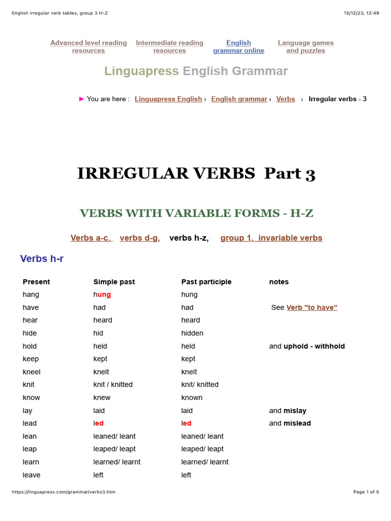 English Irregular Verb Tables, Group 3 H-Z | PDF | Linguistic Typology ...