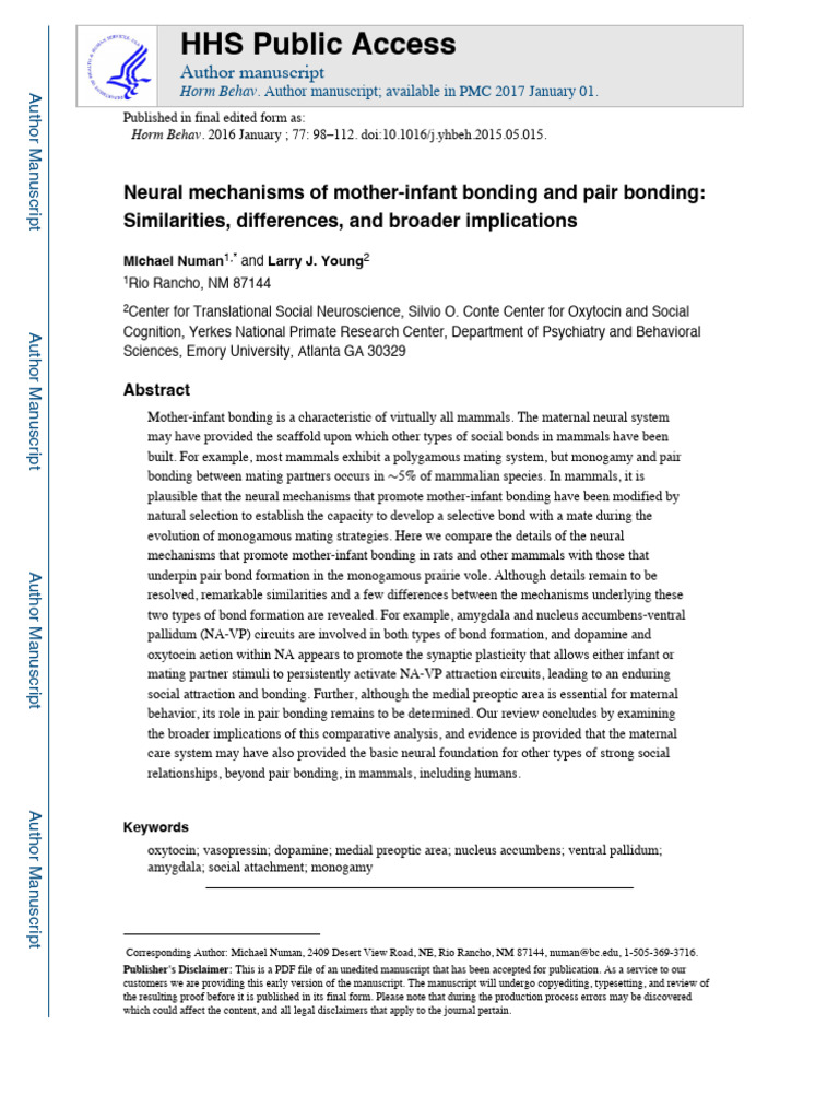 Neural Mechanisms of Mother-Infant Bonding and Pair Bonding- Similarities, Differences, And ...