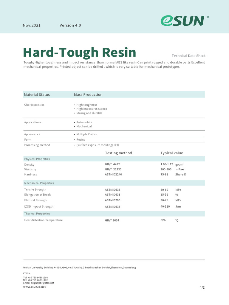 eSUN Hard-Tough-Resin TDS V4.0 | PDF | Physical Sciences | Materials