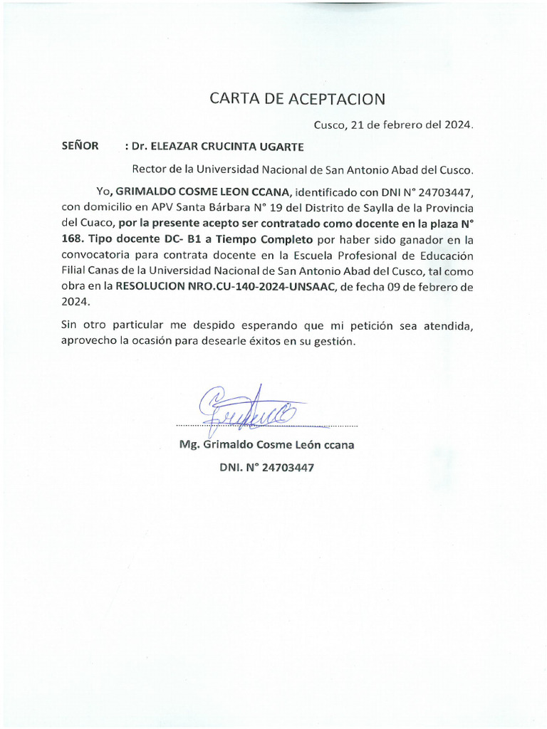 Modelo - Carta para Contrato | PDF