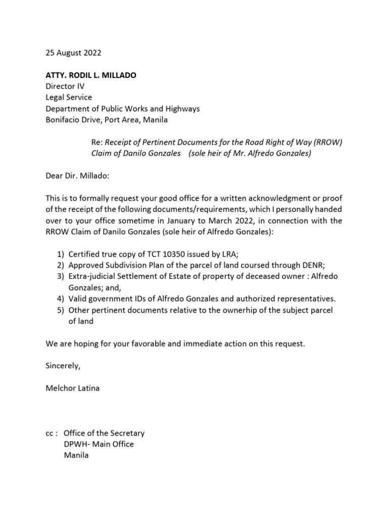 Letter To Atty. Millado-Legal Service-DPWH | PDF