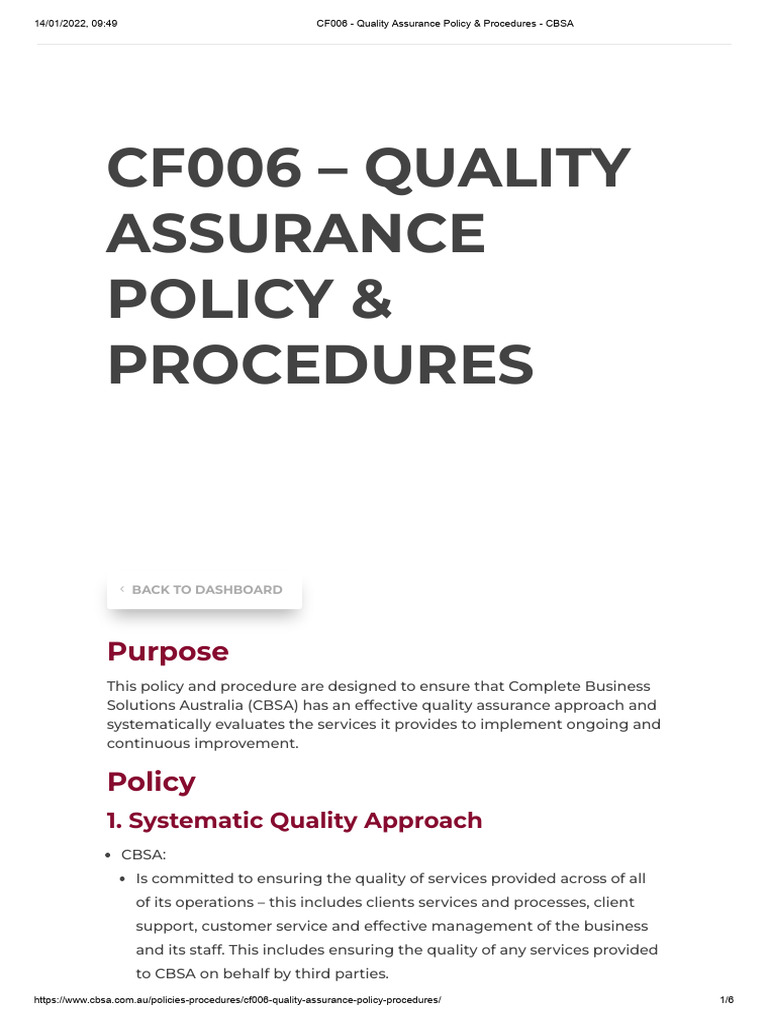 CBSA Quality Assurance Policy Overview | PDF | Governance | Quality ...