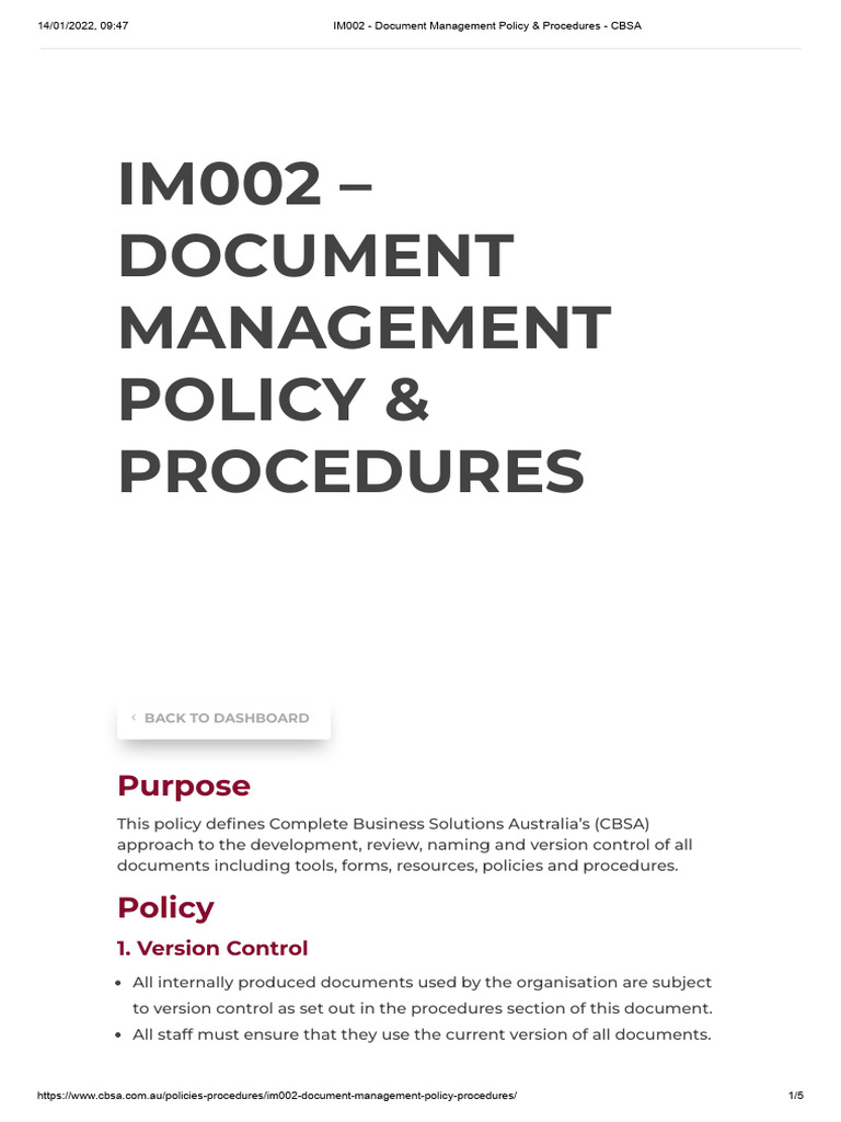 IM002 - Document Management Policy & Procedures - CBSA | PDF | Version Control | Computer File