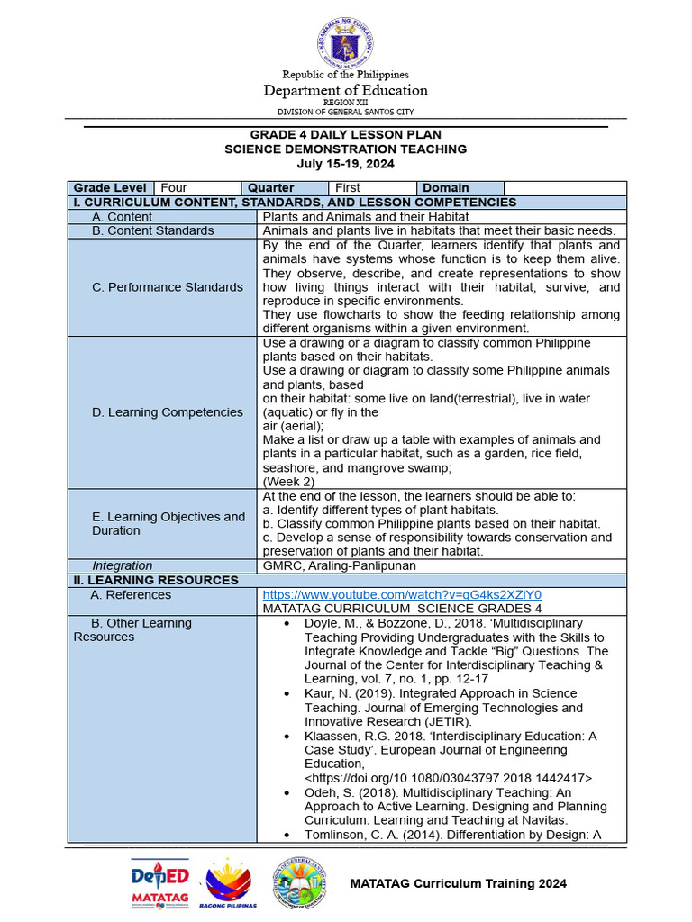 MATATAG Science 4-DLP-Demo-TeachASHfinal | PDF | Habitat | Learning