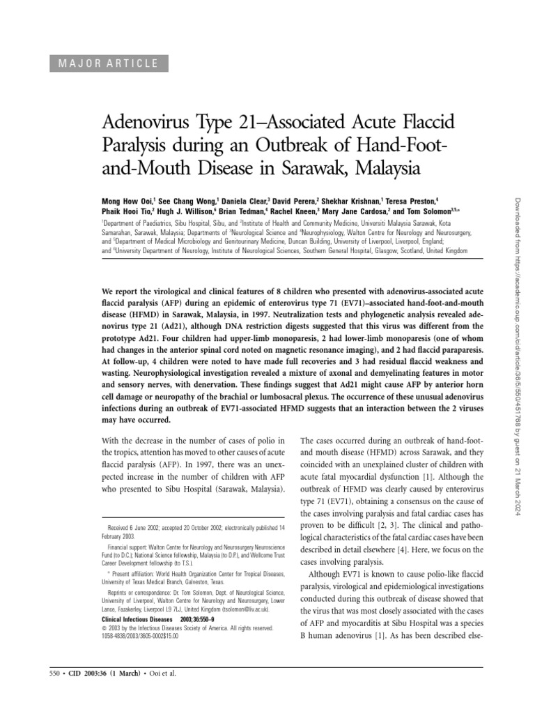 Adenovirus Type 21-Associated Acute Flaccid Paralysis During An ...