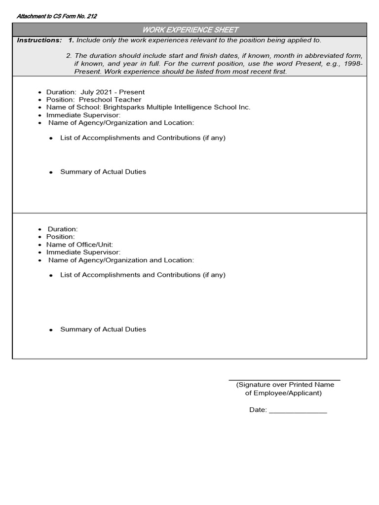 CS Form 212 Work Experience Guide | PDF