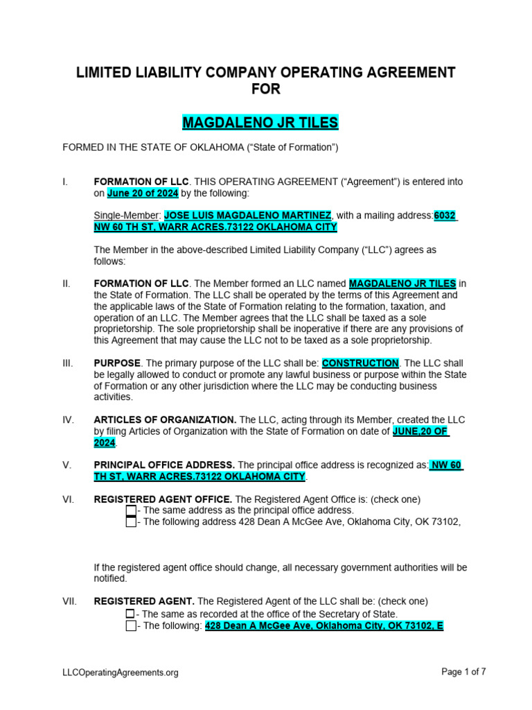 Oklahoma-Single-Member-LLC-Operating-Agreement-Template | PDF | Indemnity | Limited Liability ...