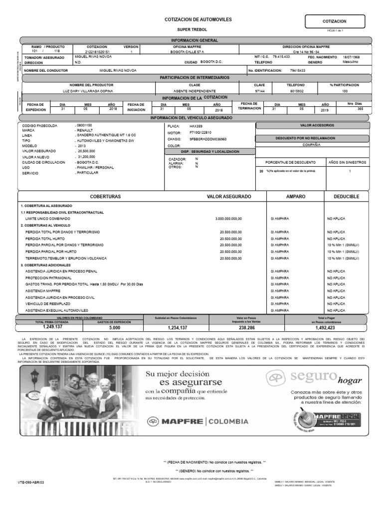 Cotizacion Vehiculo Aseguradores | PDF | Vehículos terrestres | Vehículos