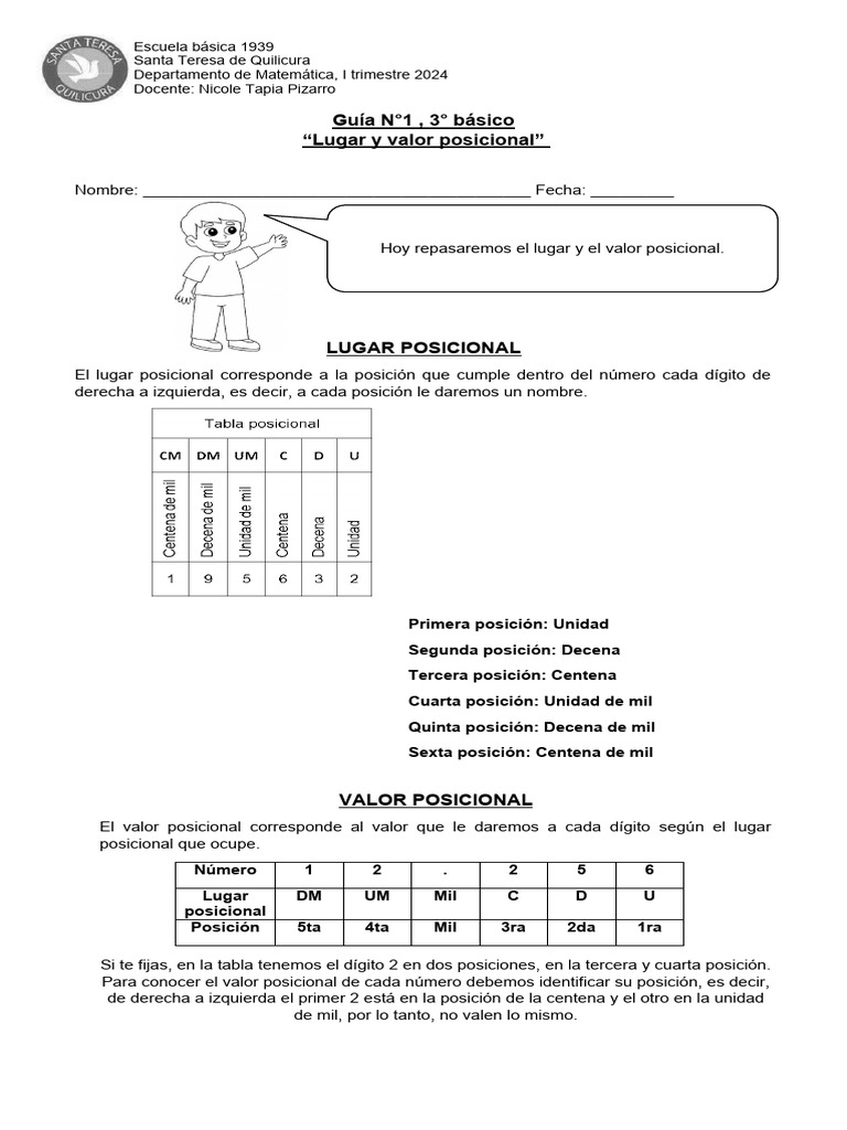 Guía N°1 Lugar y Valor Posicional 3°básico | PDF | Notación | Objetos ...