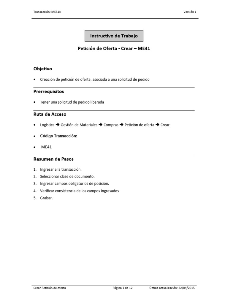 ME41 - Crear Petición de Oferta | PDF