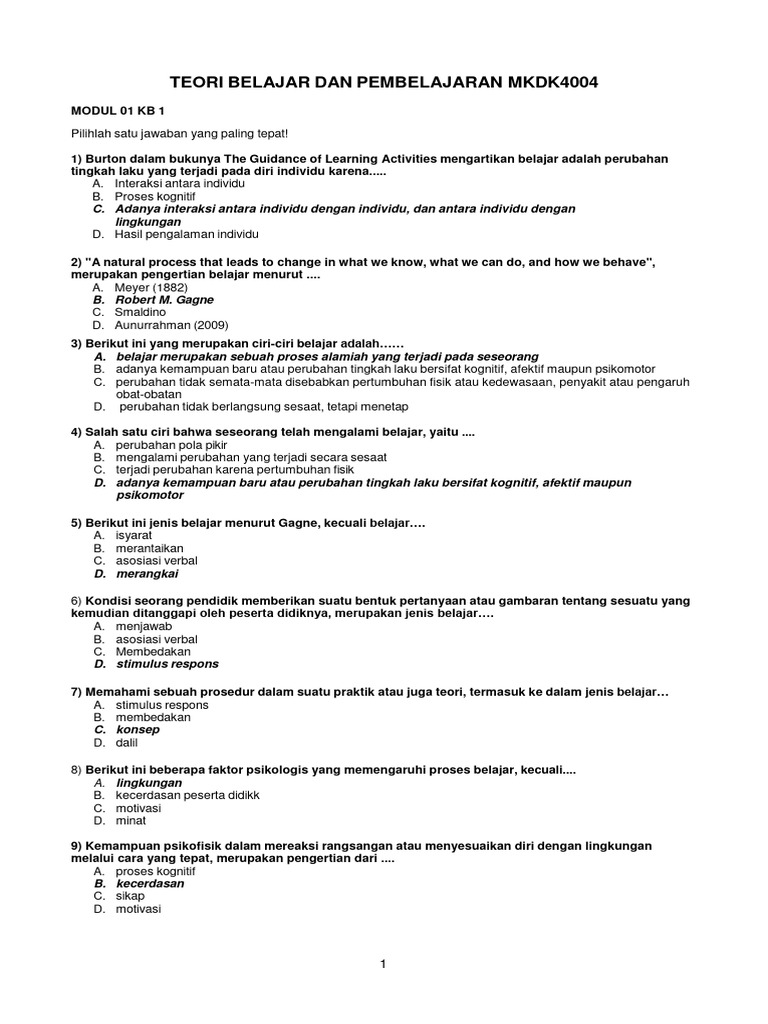 Kumpulan Soal Teori Belajar Dan Pembelajaran MKD 4004 | PDF | Karier & Perkembangan | Sains ...