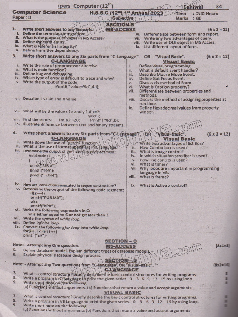 Past Paper 2023 Sahiwal Board Inter Part II Computer Science Group I Subjective | PDF