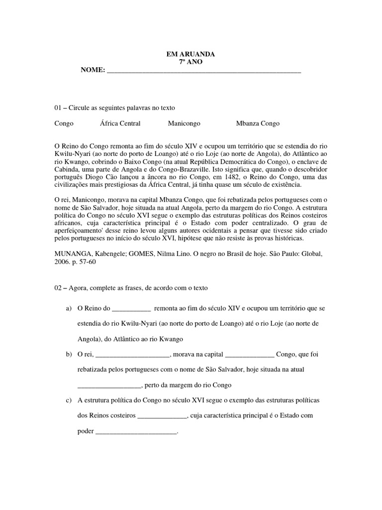 Atividade Adaptada - Congo | PDF | República Democrática do Congo | Angola