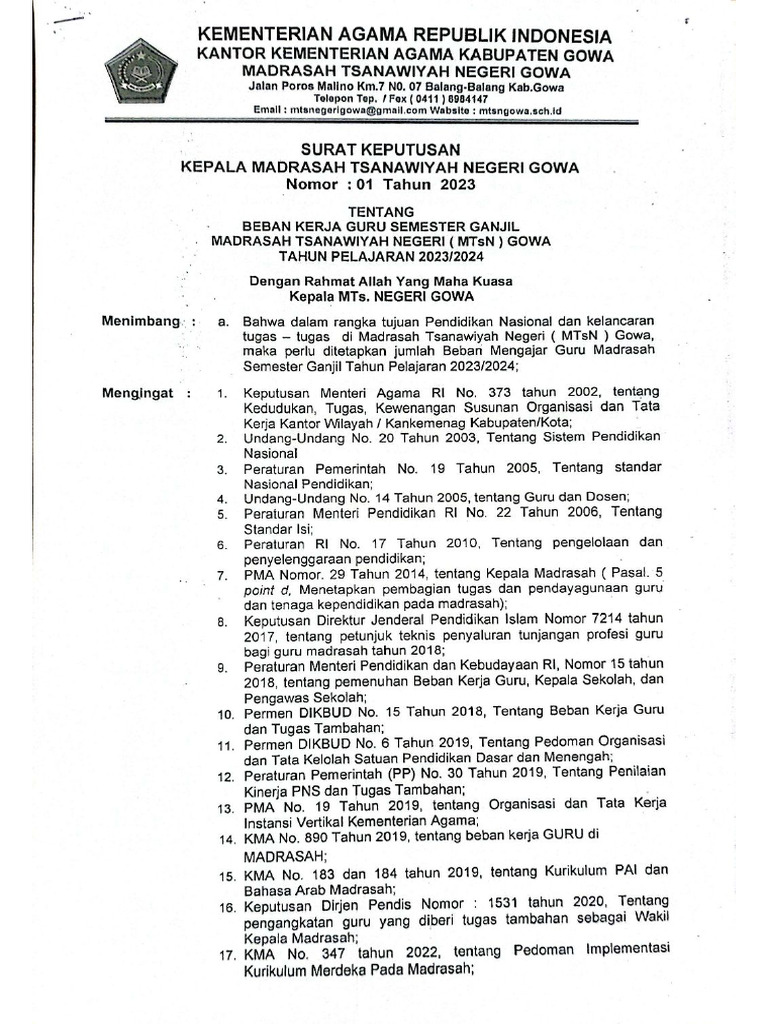 SK Beban Kerja Ganjil 2324 - Juli 2023 | PDF