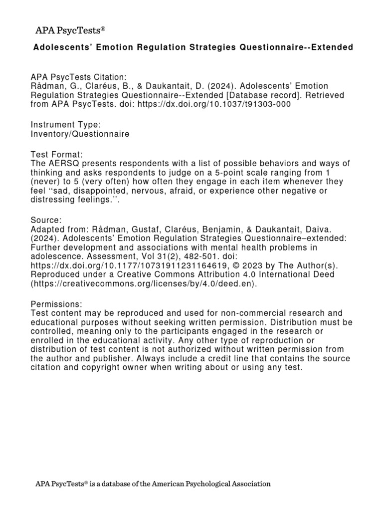 Adolescents' Emotion Regulation Strategies Questionnaire | PDF ...