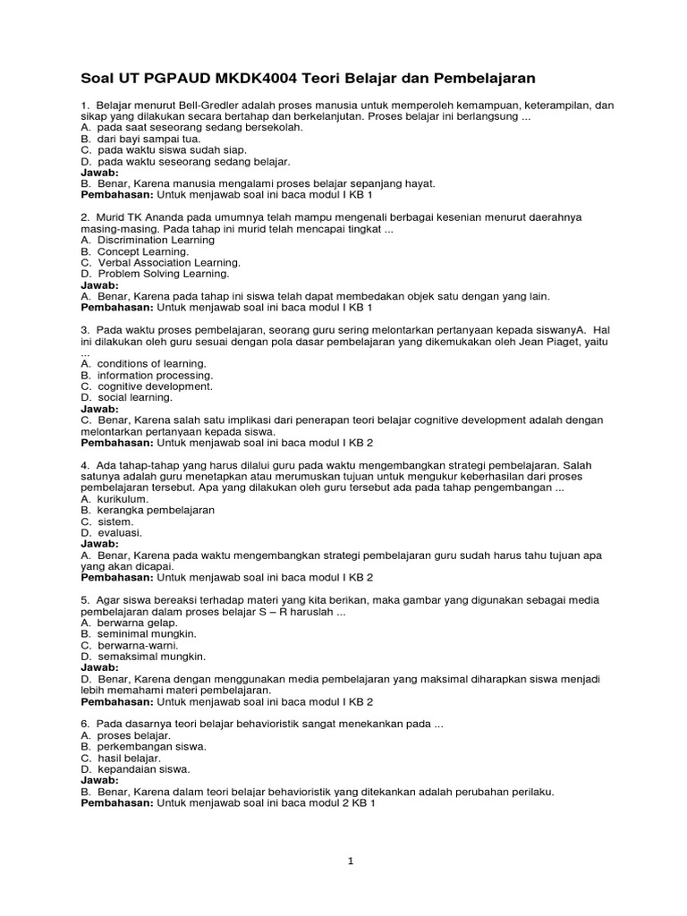 Soal UT PGPAUD MKDK4004 Teori Belajar Dan Pembelajaran | PDF
