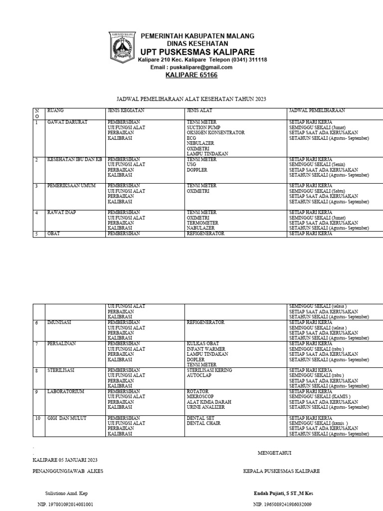 Jadwal Pemeliharaan Alkes 2023 | PDF