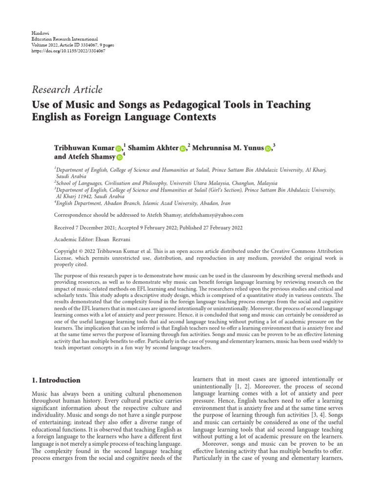 Use of Music and Songs As Pedagogical Tools in Tea | PDF | English As A ...