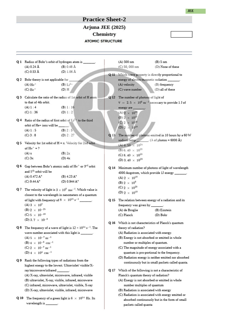 Atomic Structure 02 Practice Sheet | PDF | Electromagnetic Radiation | Light
