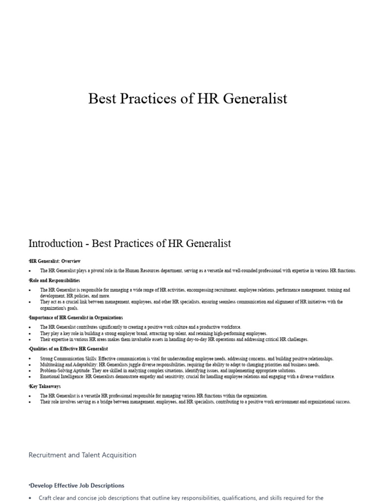 HR Generalist Best Practices Guide | PDF | Human Resources | Employment
