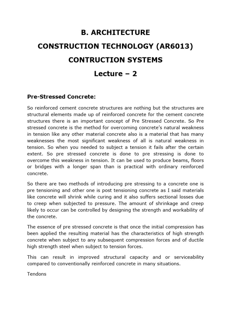 B. Architecture Construction Technology (Ar6013) Contruction Systems Lecture - 2 | PDF ...