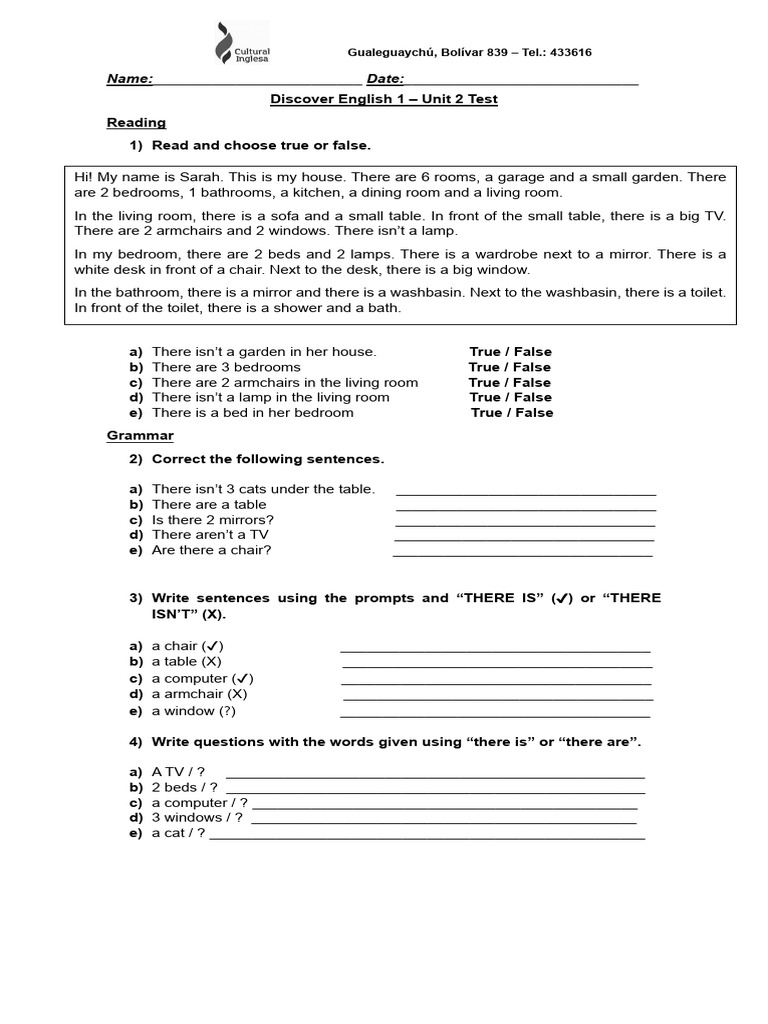 Discover English 1: Unit 2 Test | PDF | Bedroom | Room
