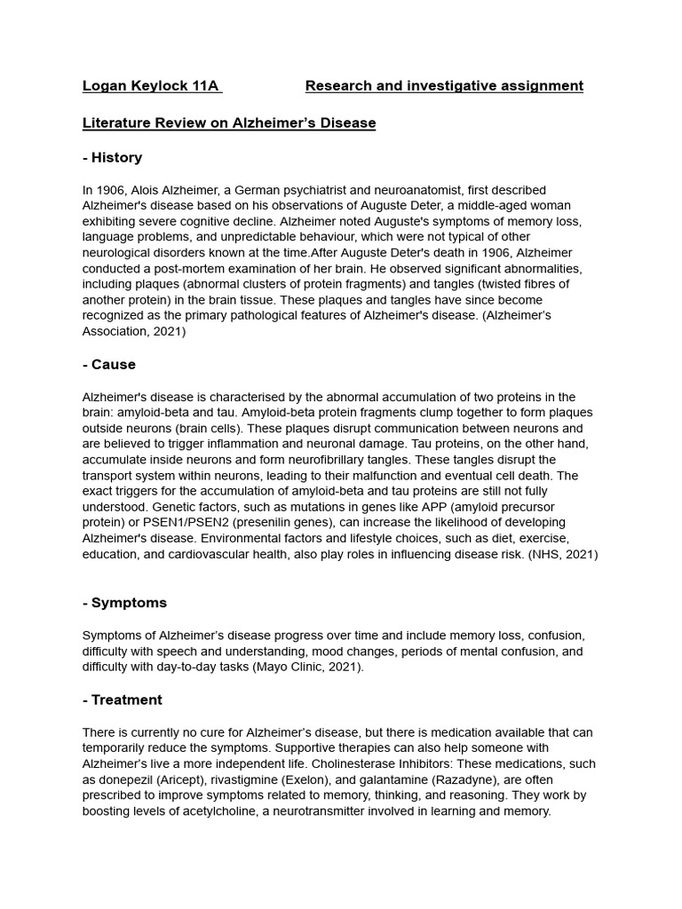 Logan Keylock 11A Research and Investigative Assignment | PDF | Alzheimer's Disease | Amyloid Beta