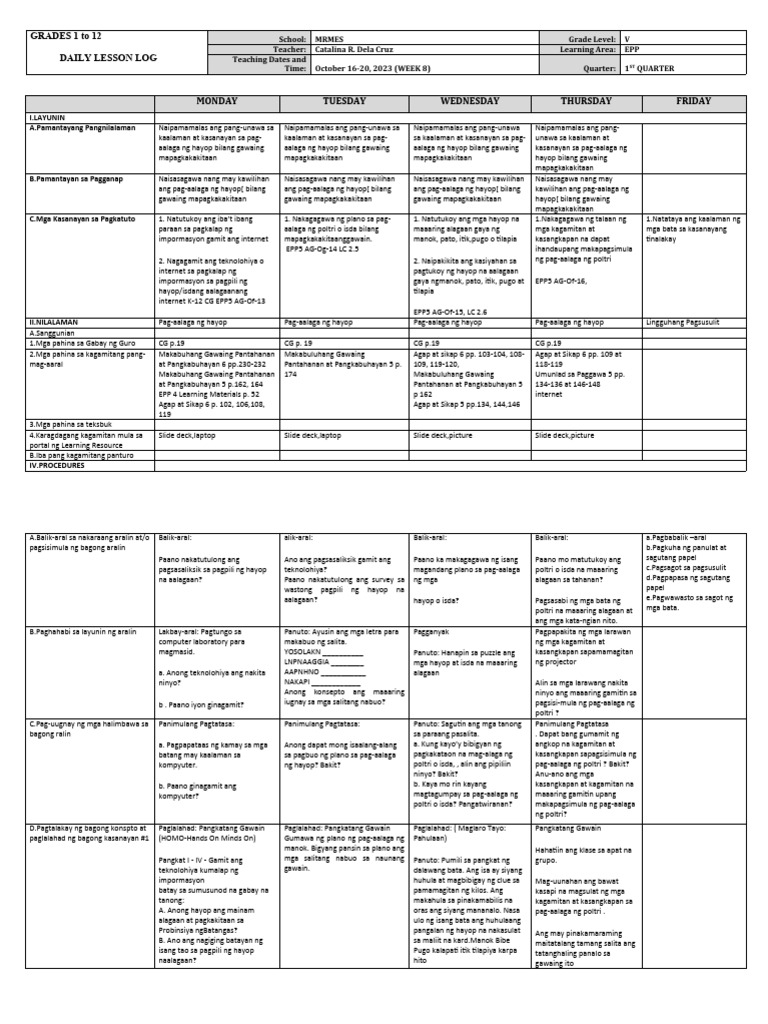 Epp, Esp, Science 5 q1 Week 8 Day 1 (2023) | PDF