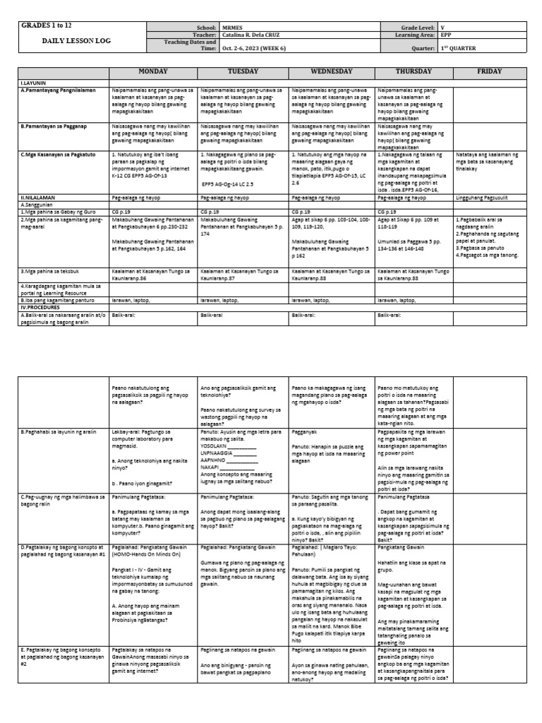 Epp, Esp, Science 5 q1 Week 6 Day 1 (2023) | PDF