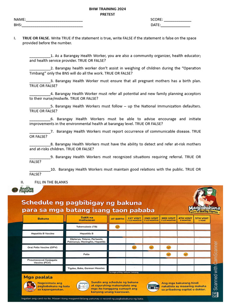 BHW Training 2024 Pretest Guide | PDF | Social Science