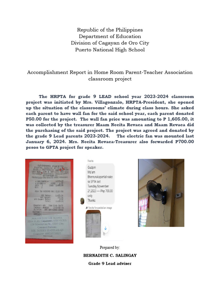 Grade 9 HRPTA Classroom Project Report | PDF