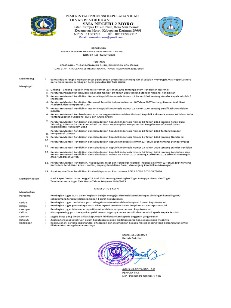 SK Pembagian Tugas Semester Ganjil 2024-2025 Sman 2 Moro | PDF