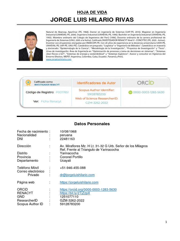 CV - Jorge Luis Hilario Rivas 2023 - Julio 2024 | PDF | Universidad ...