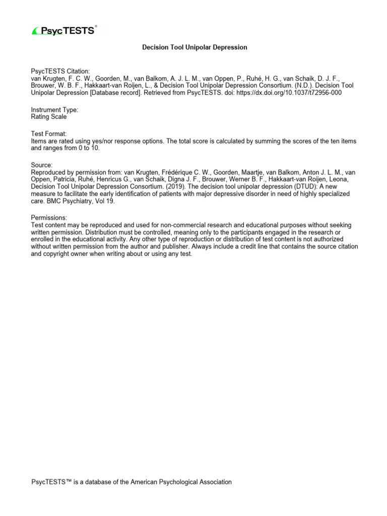 Decision Tool Unipolar Depression | PDF | Major Depressive Disorder ...