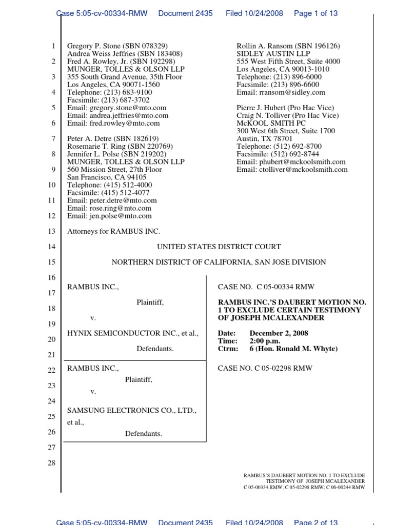 Rambus Inc.'S Daubert Motion No. 1 To Exclude Certain Testimony of ...