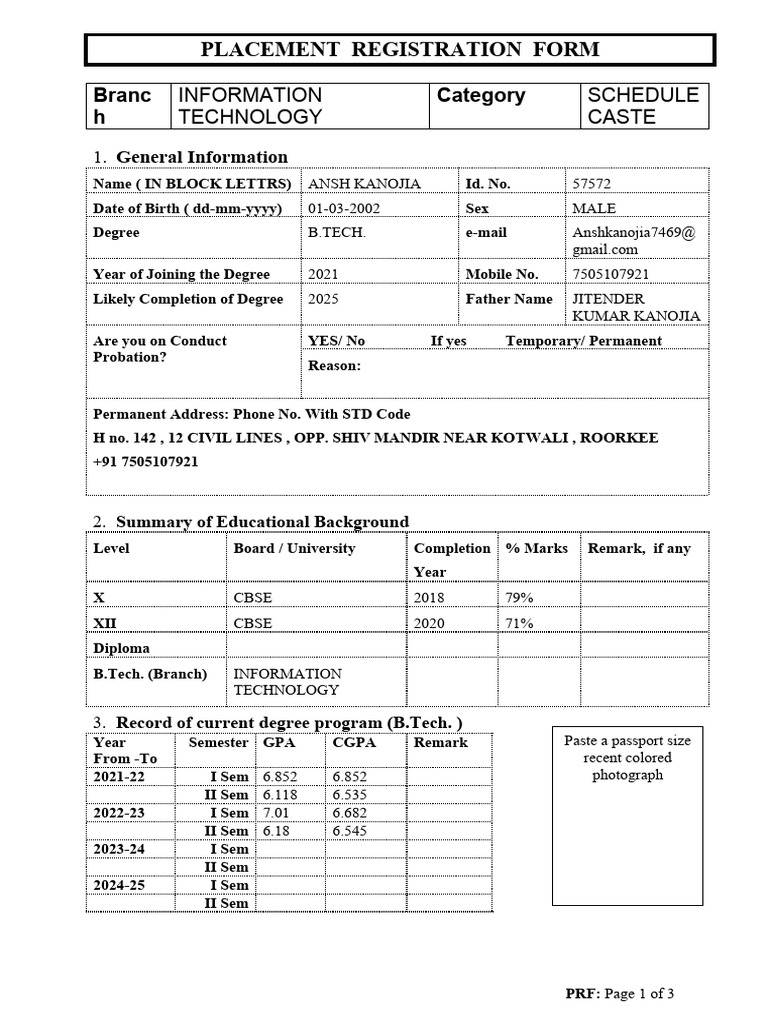 Placement Registration Form 2020 | PDF | Physics | Theoretical Physics