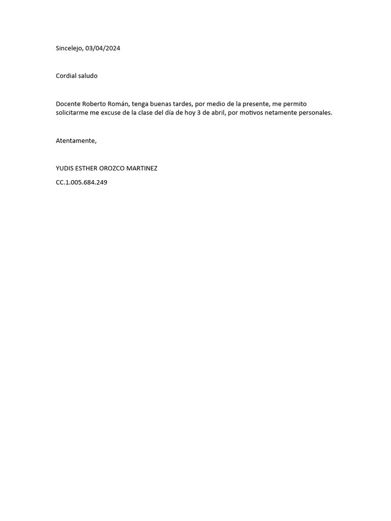 Excusa Clase 3 Abril Sincelejo | PDF