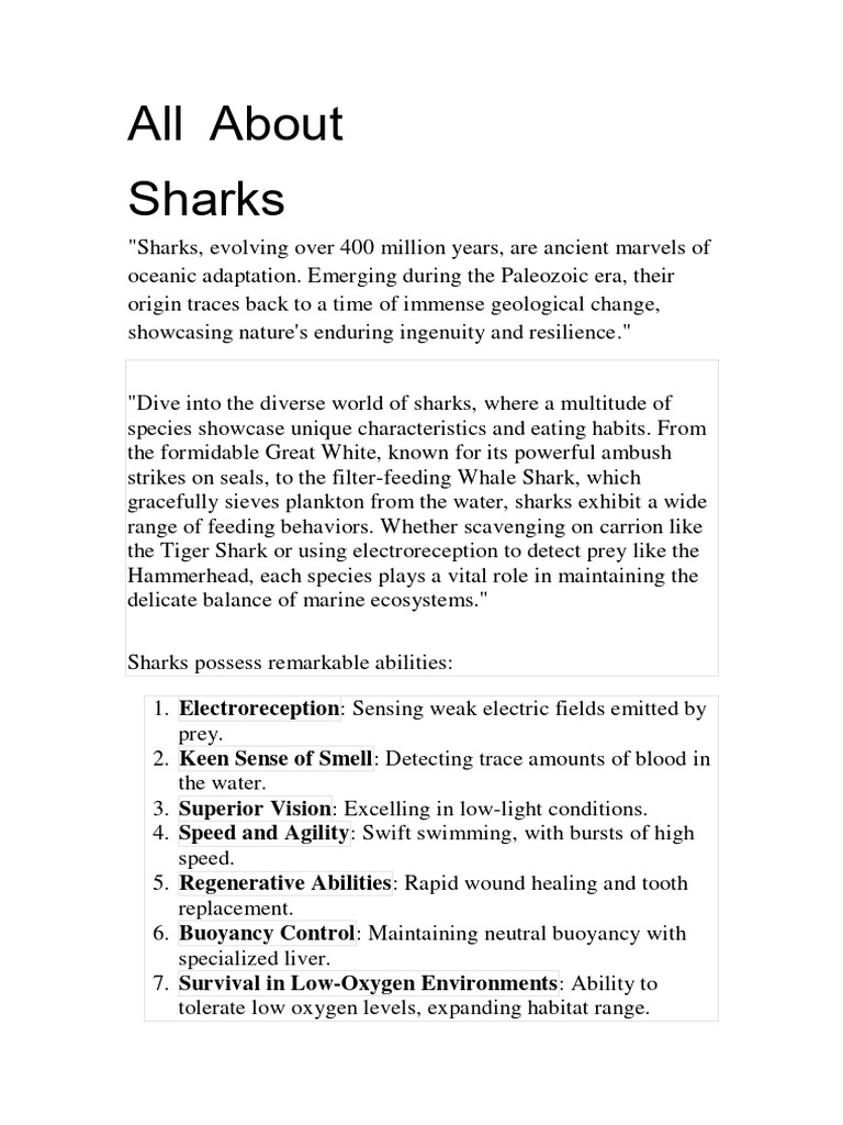 Understanding Sharks: Origins & Roles | PDF | Sharks | Predation